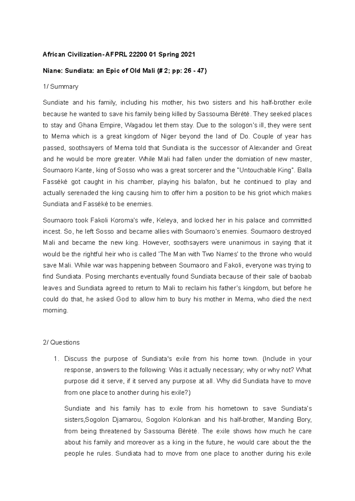 2020 - Assignmnet - African Civilization- AFPRL 22200 01 Spring 2021 ...