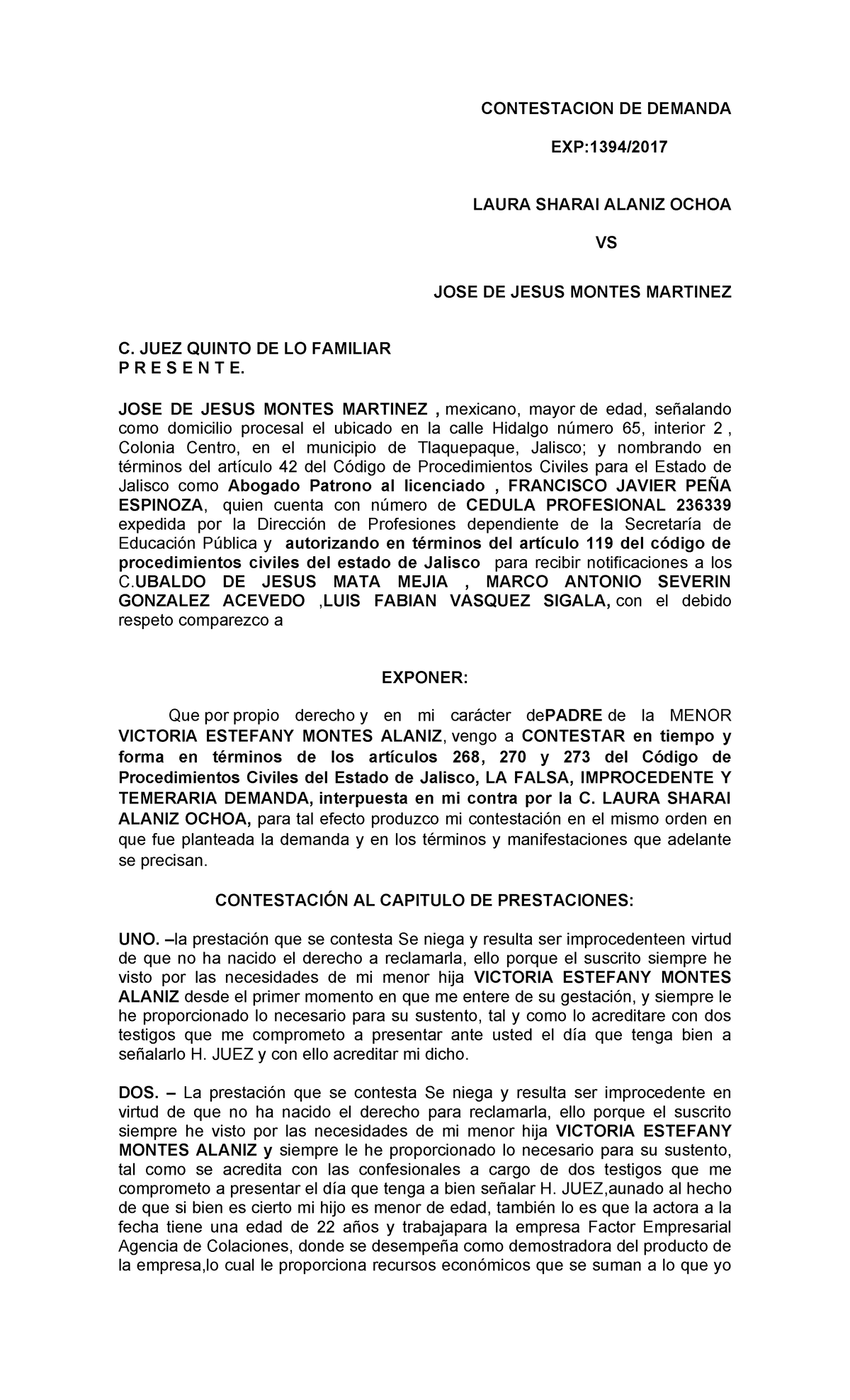 Contestación de Demanda Familiar: José de Jesús Montes Martínez vs ...