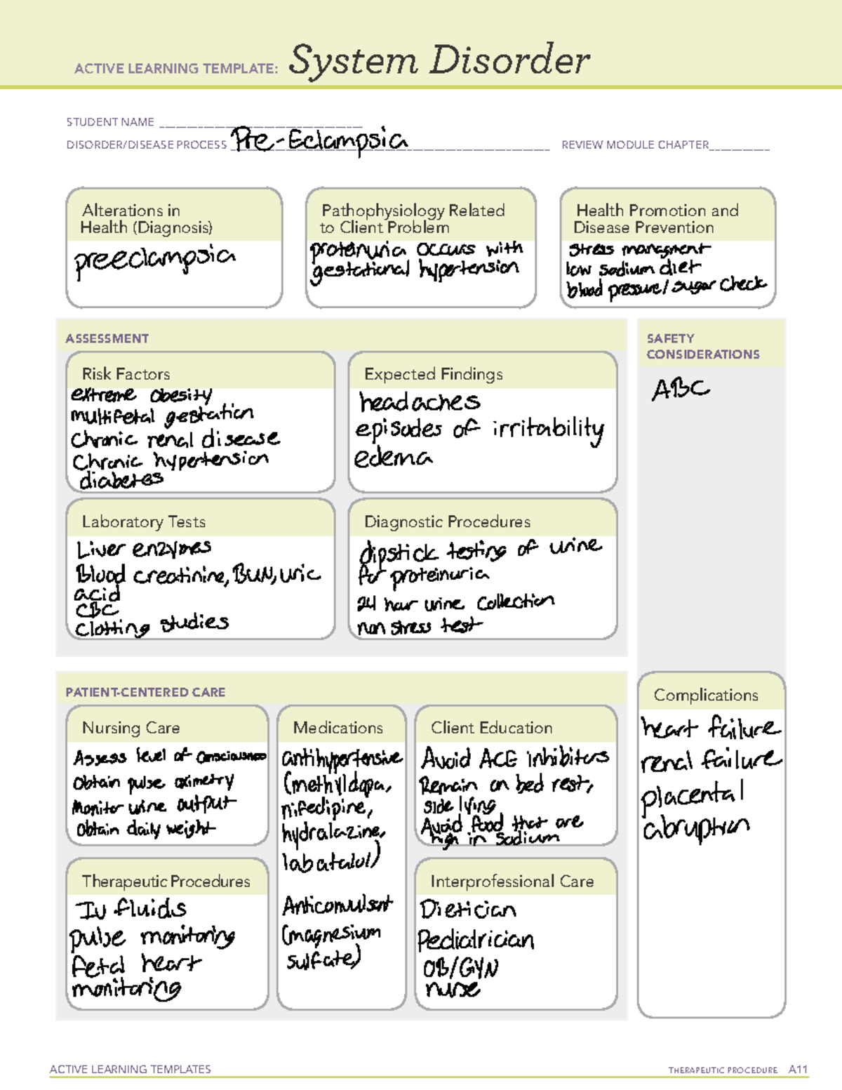 ACTIVE LEARNING TEMPLATE: Preeclampsia Pathophysiology & Care - Studocu