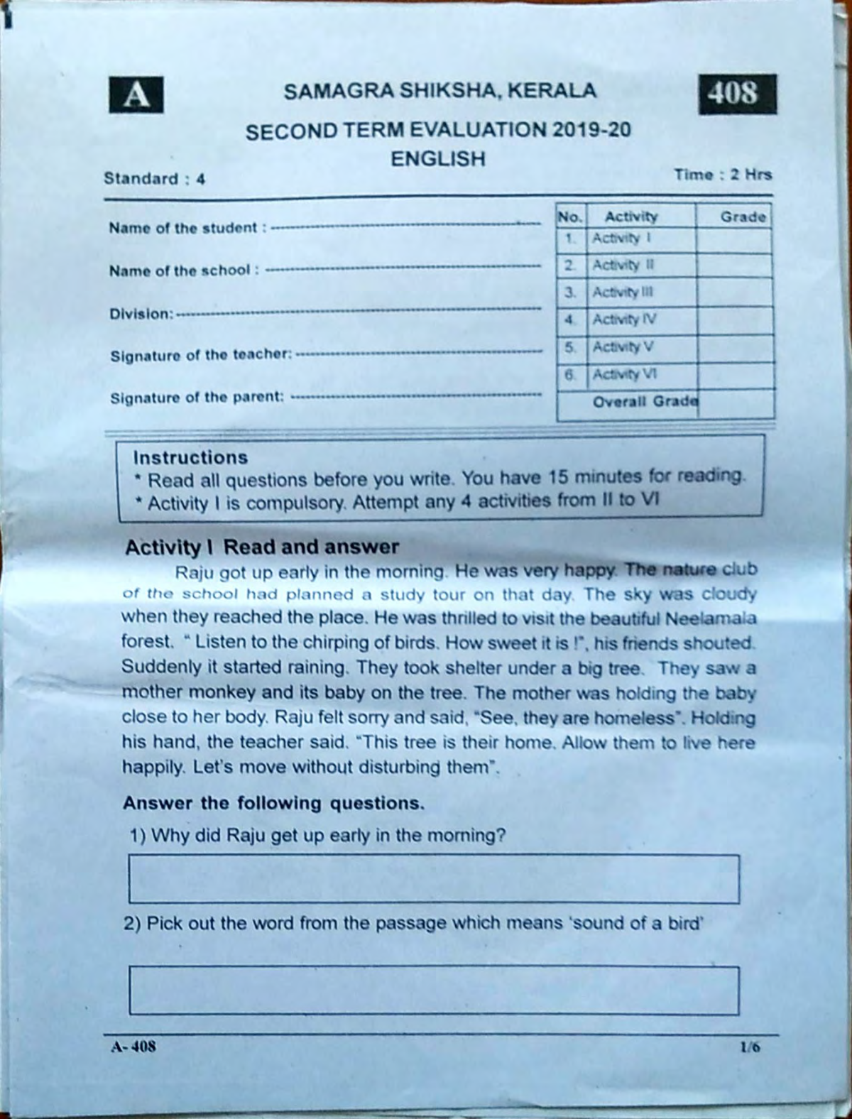 English 408 Class 4 Second Term Evaluation Question Paper 2019 - Studocu