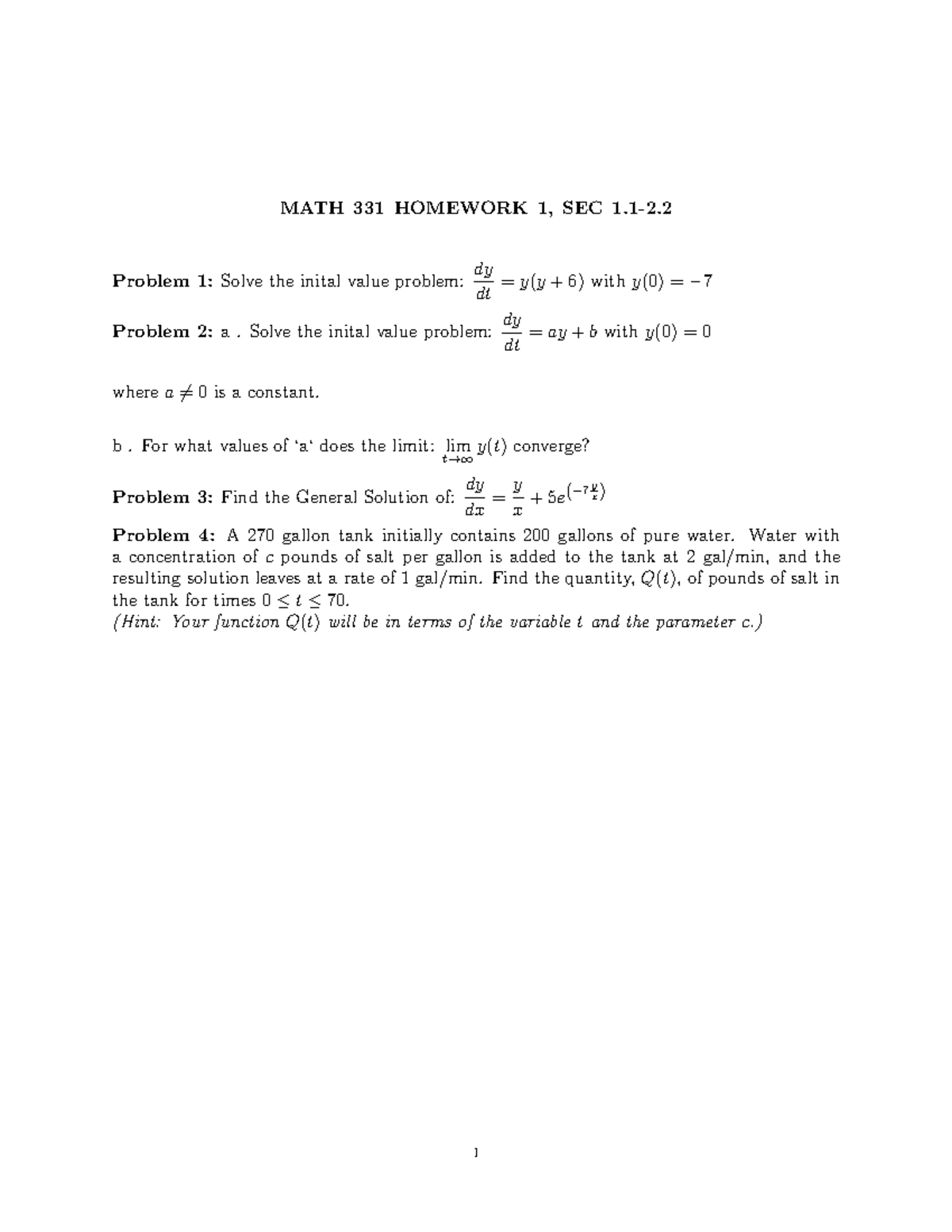 MATH 331 Homework 1: Initial Value Problems and Solutions - Studocu