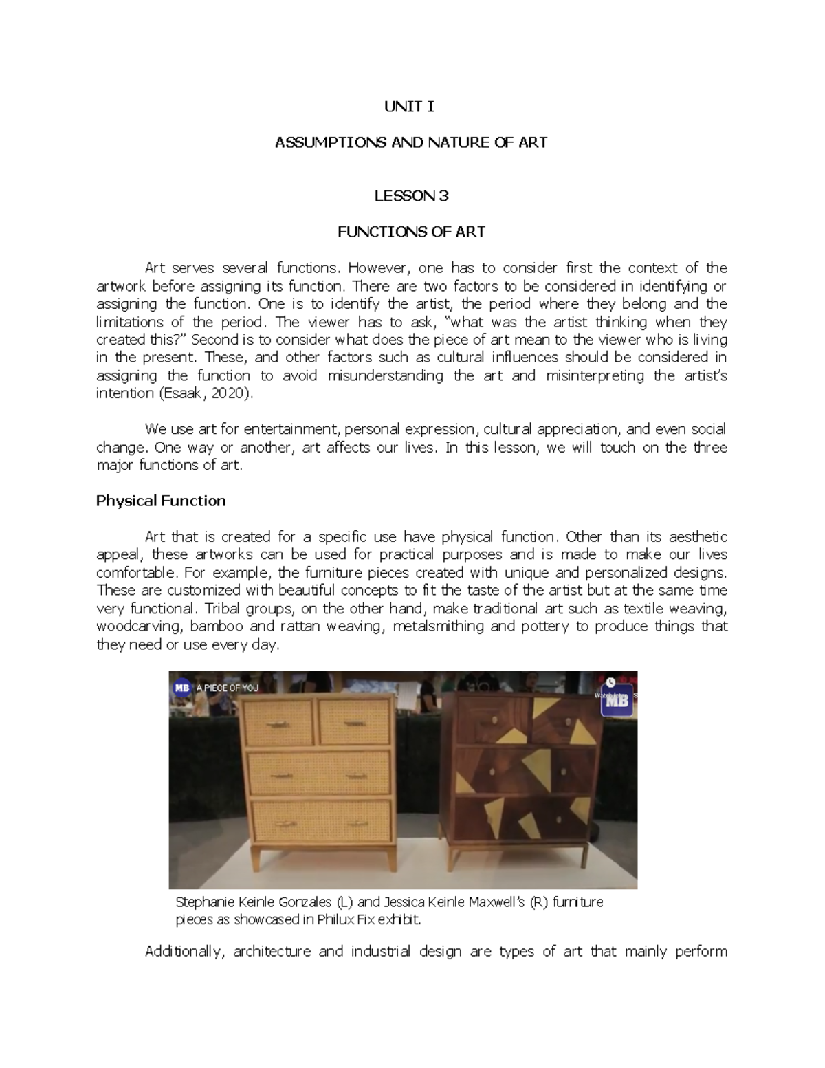 Functions of Art - Lesson Summary for Art Studies (Unit I) - Studocu