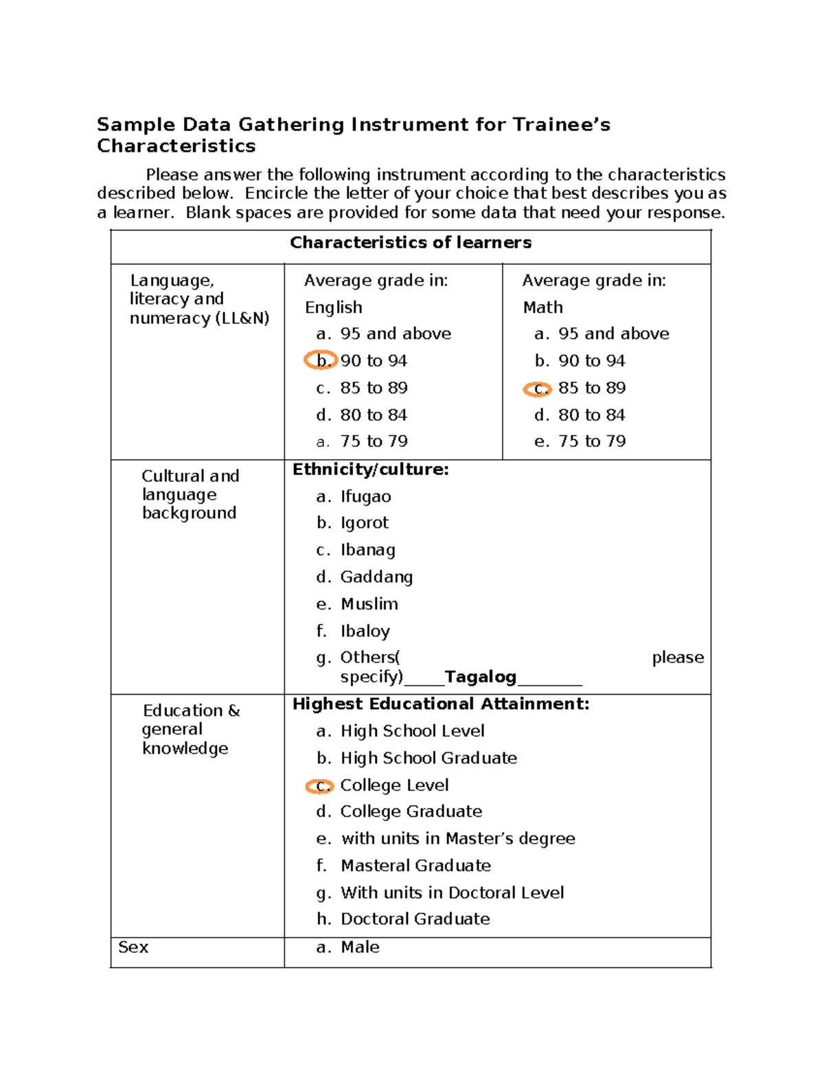 P01 Sample Data Gathering Instrument for Trainee Characteristics - Studocu