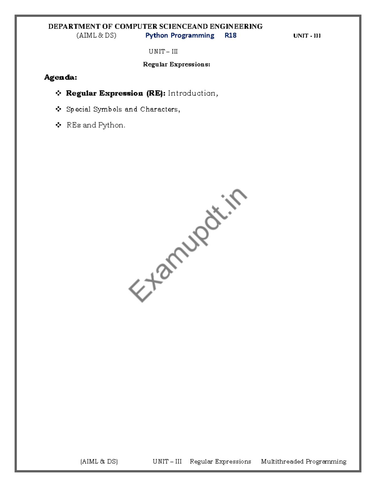 UNIT 3 regular expression threading watermark - (AIML & DS) Python Programming R18 UNIT - III ...