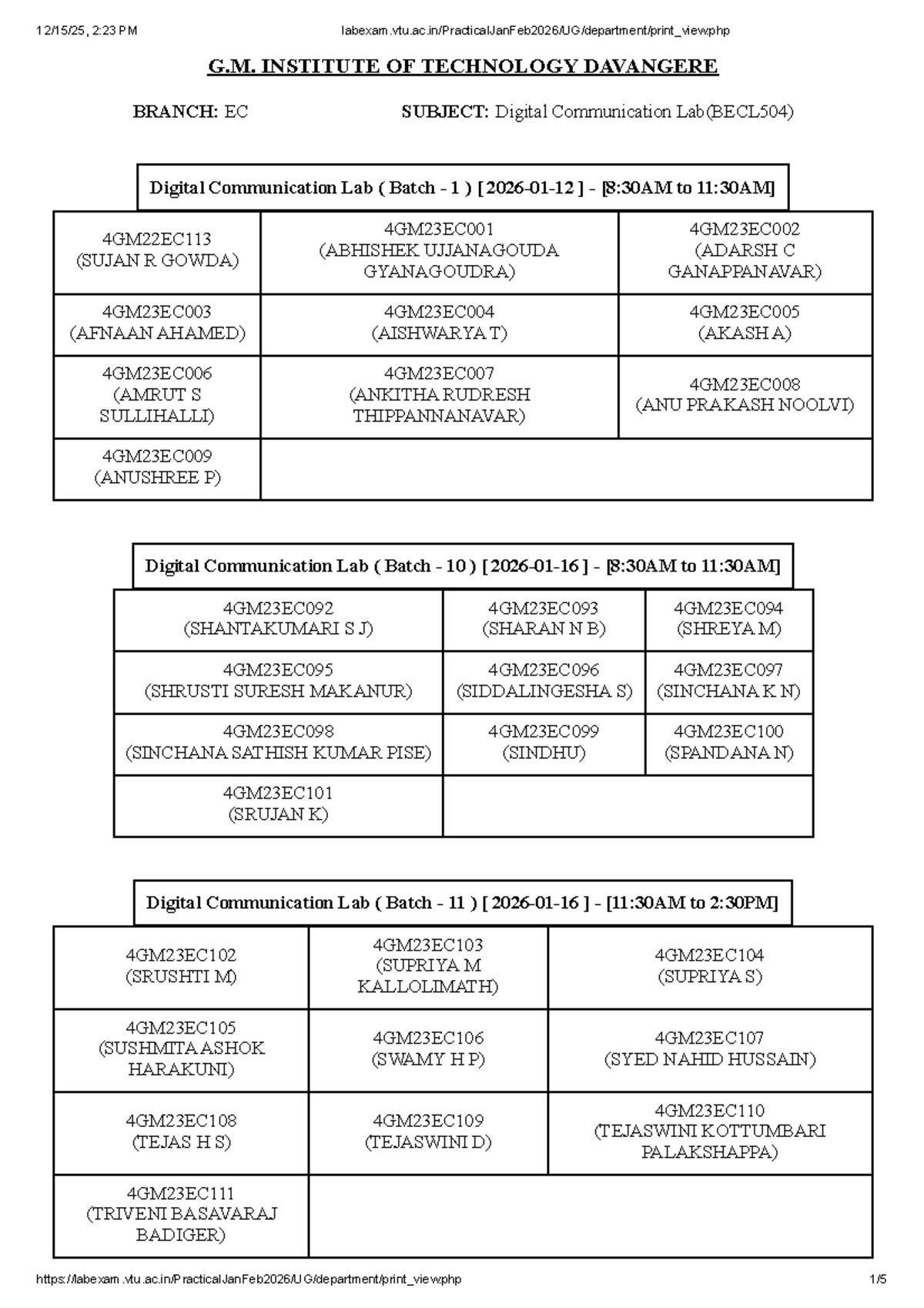 Digital Communication Lab (BECL504) - Student Batch Listings - Studocu