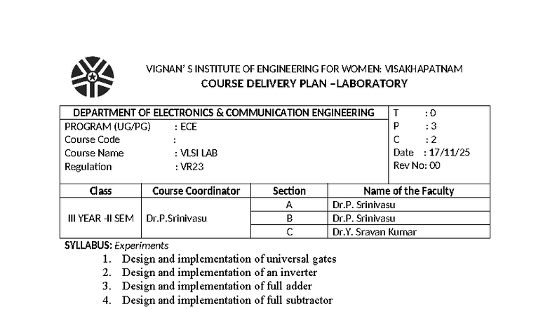 VLSI LAB Course Delivery Plan - ECE VR23 - Studocu