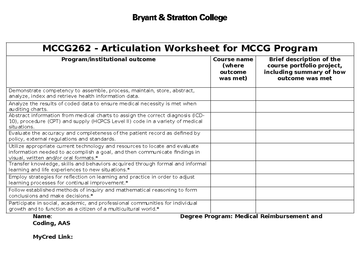 MCCG262 - Articulation Worksheet & Course Outcome Summary for MCCG ...