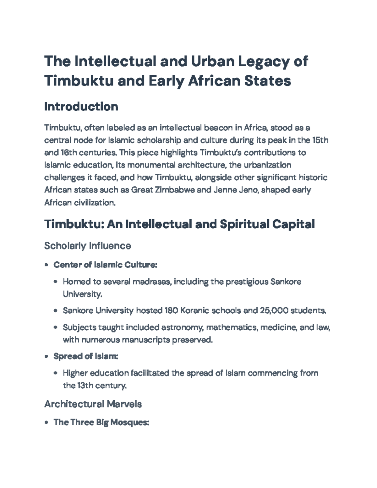 The Intellectual and Urban Legacy of Timbuktu and Early African States ...