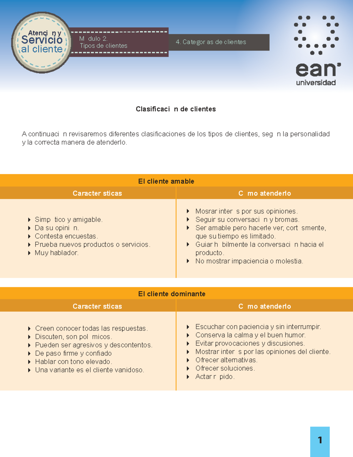 Clasificación de Clientes en Atención y Servicio al Cliente EAN - Studocu