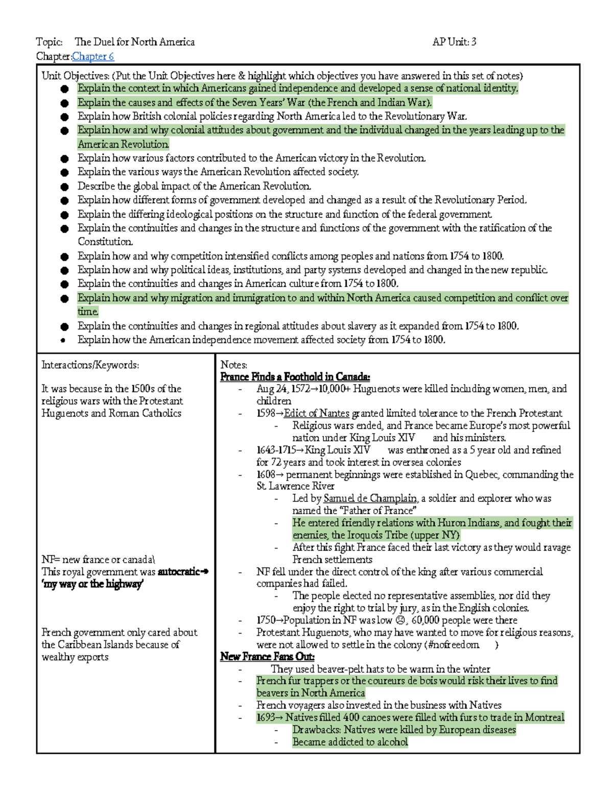 The Duel for North America: APUSH Unit 3 Chapter 6 Study Notes - Studocu