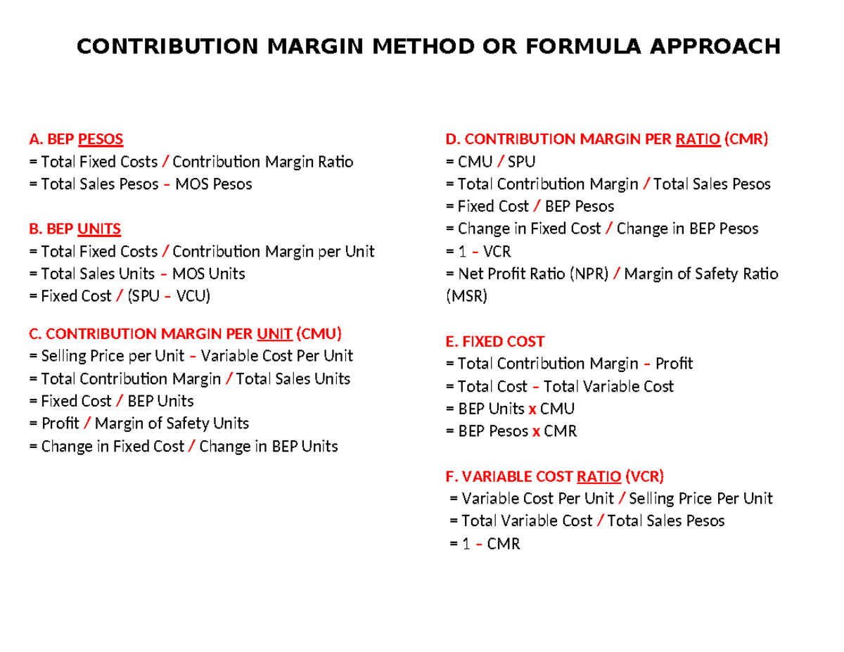 Contribution Margin Method & BEP Analysis - MAS Formula - Studocu