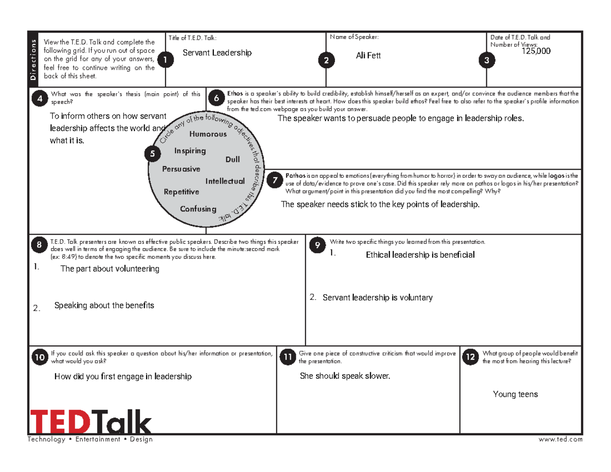 Cale Johnson - TED Talk Worksheet for Engaging Presentations - Studocu
