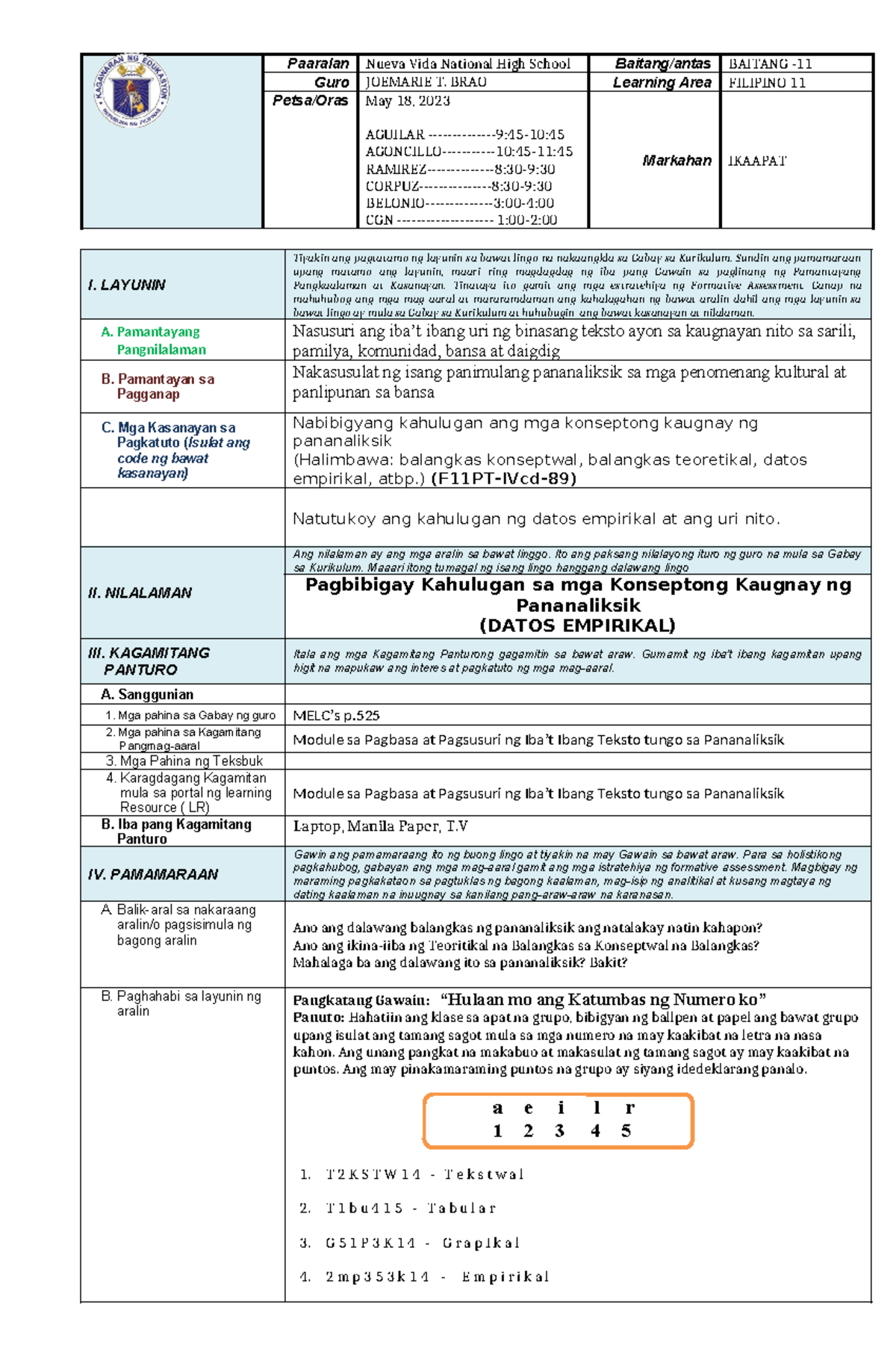 DLP Pagbasa Q4 C.O.T - Filipino 11 Daily Lesson Plan for Empirical Data - Studocu