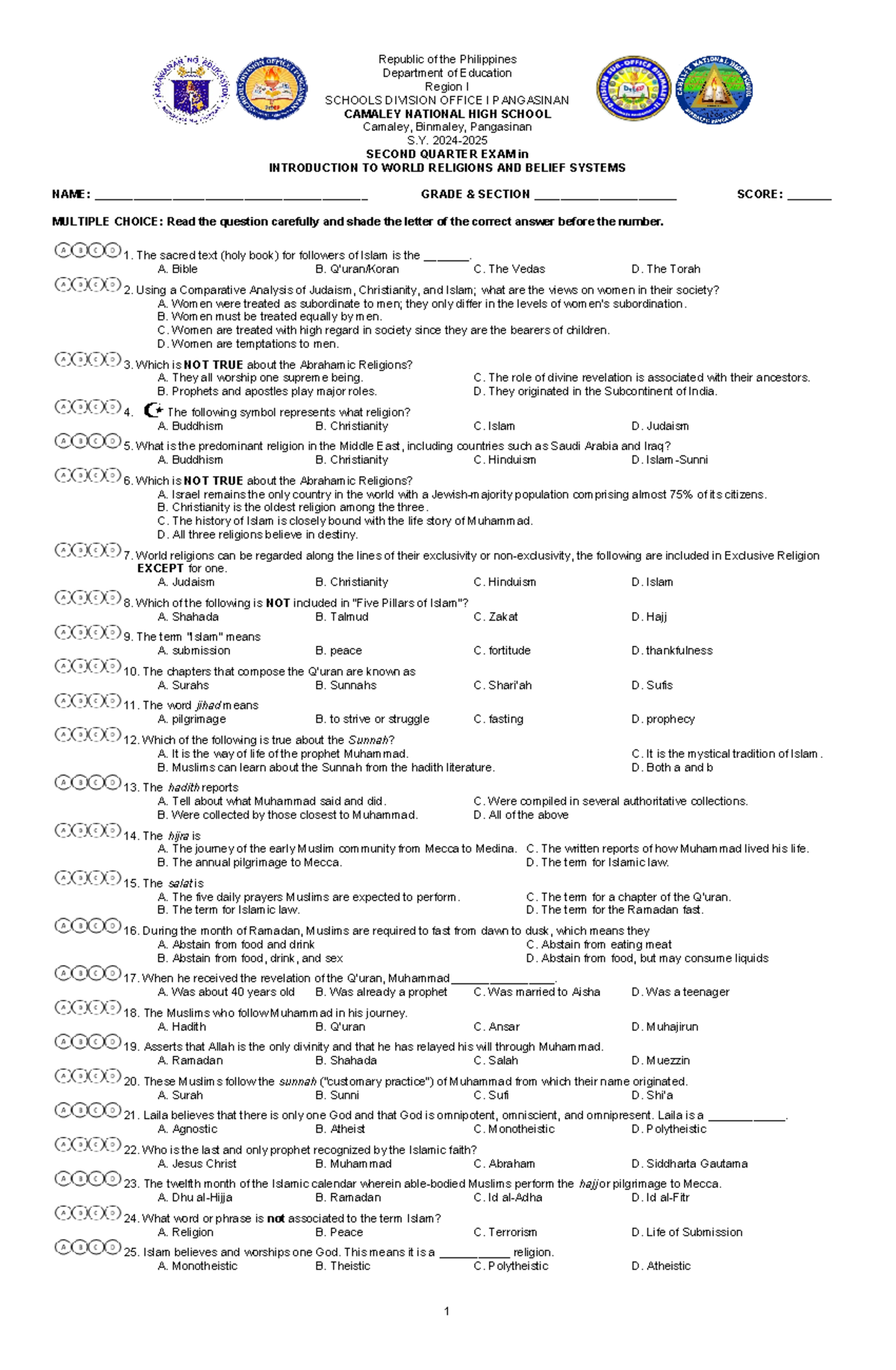 Iwrbs Q2 Exam - Introduction to World Religions & Belief Systems - Studocu