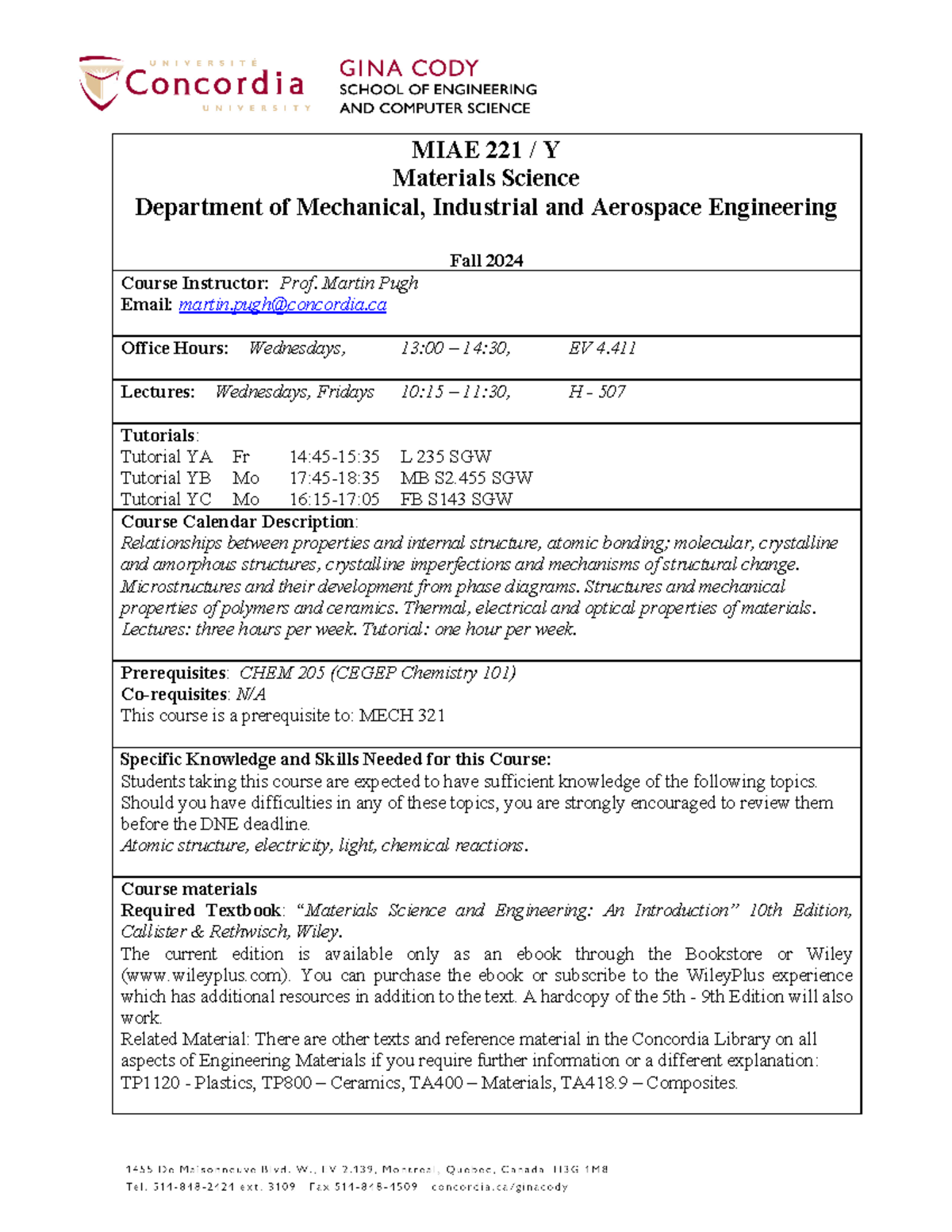 MIAE 221 Course Outline: Materials Science - Fall 2024 Guide - Studocu
