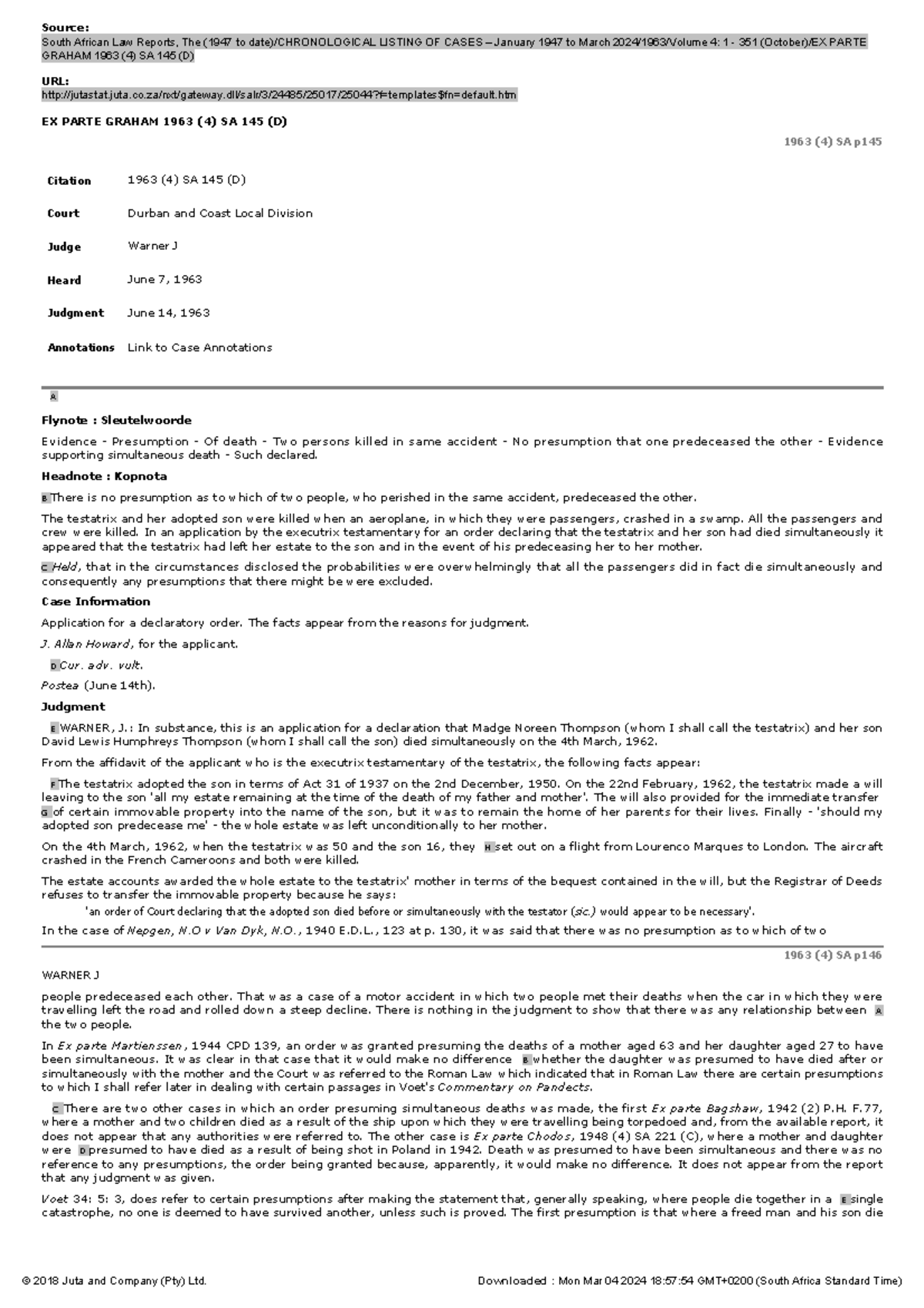 Ex Parte Graham 1963 (4) SA 145 (D) - Simultaneous Death Analysis - Studocu