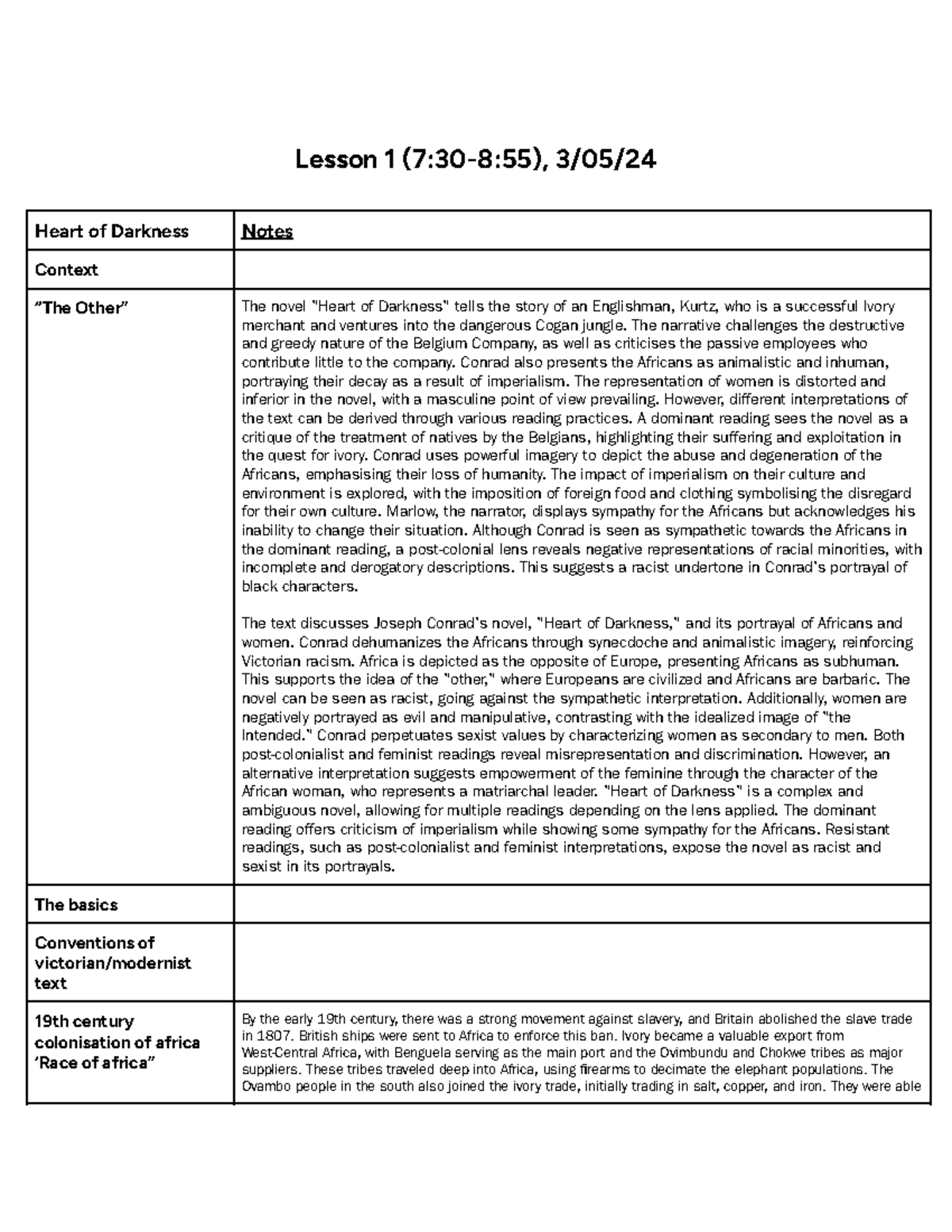 English Ext. Postcolonialism Lesson 1: Heart of Darkness Analysis - Studocu