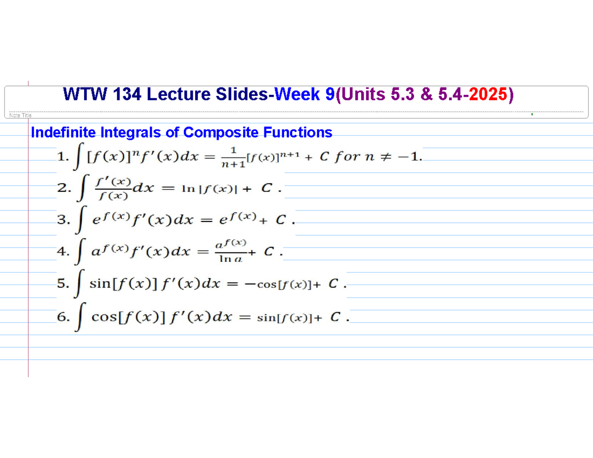 WTW 134 Lecture 9: Indefinite Integrals of Composite Functions - Studocu