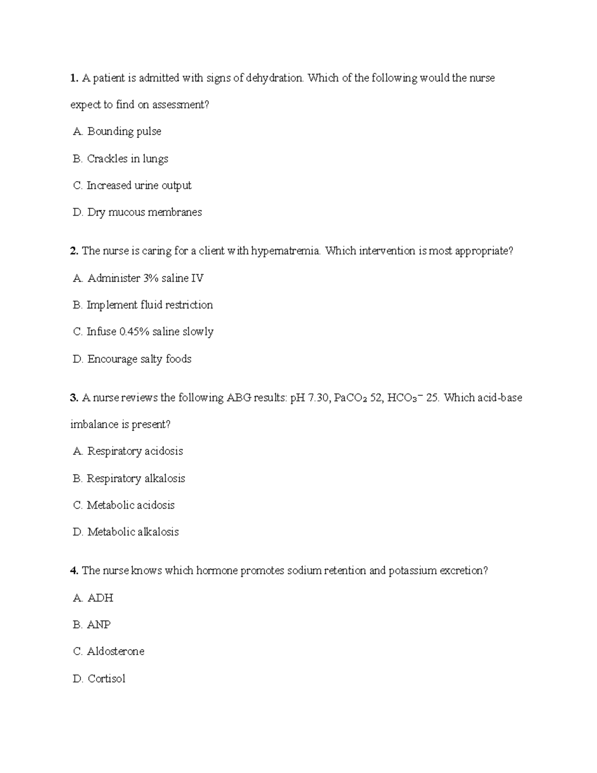 Med Surg Exam 4: Fluid, Electrolytes & Acid-Base Imbalances Qs - Studocu