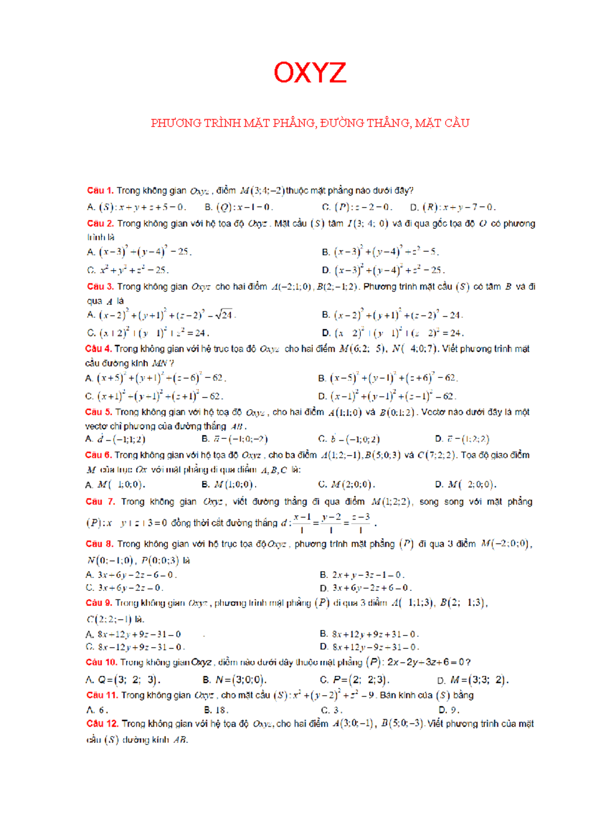Ôn Tập Hình Học Oxyz - TRETTER Chương Trình Câu Hỏi 1-23 - Studocu