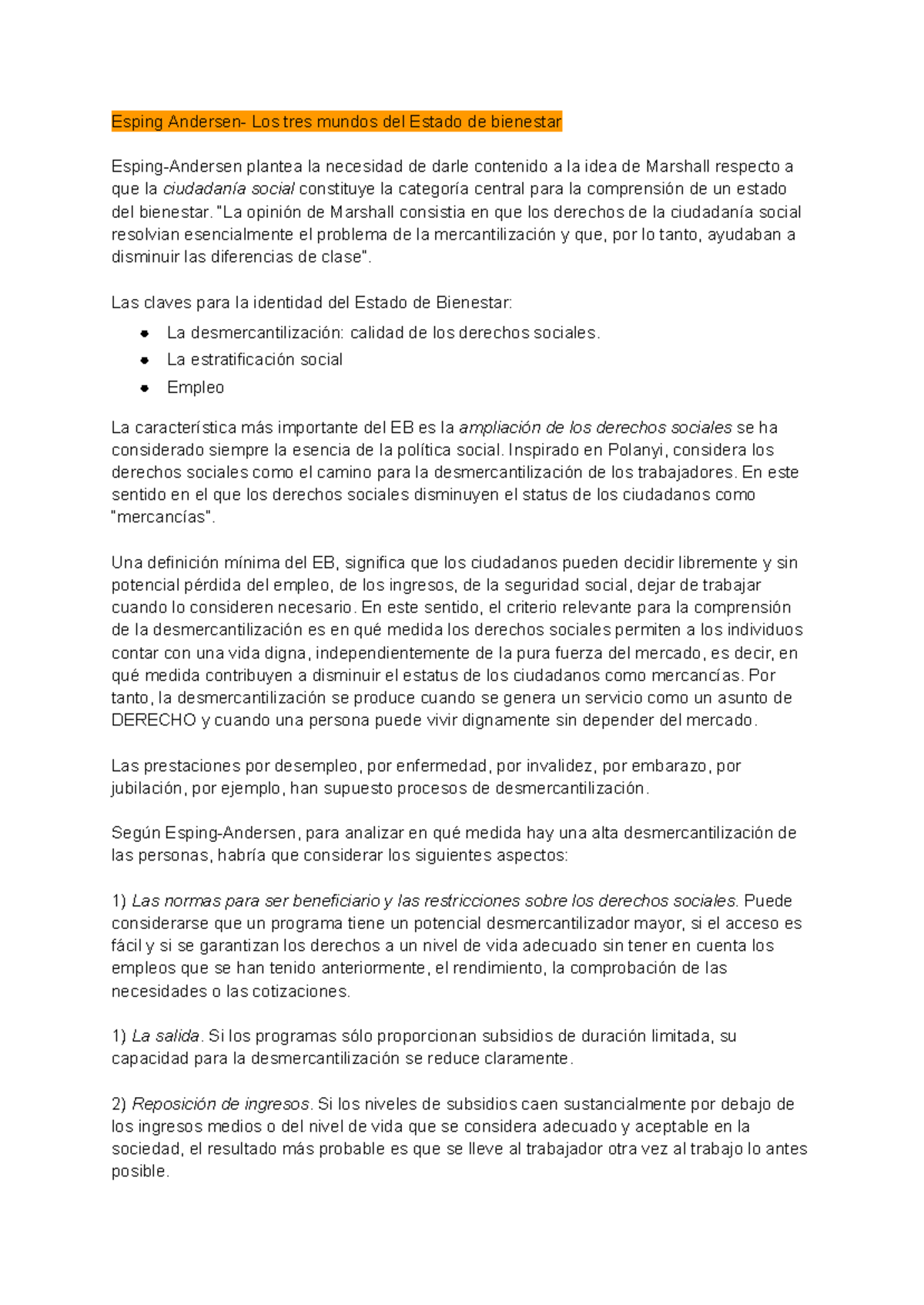 Esping Andersen - Análisis de los tres mundos del bienestar - Studocu