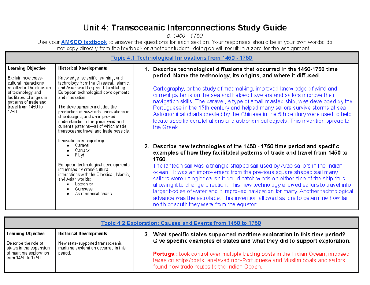 Amsco AP World History Unit 4: Transoceanic Interconnections Guide ...