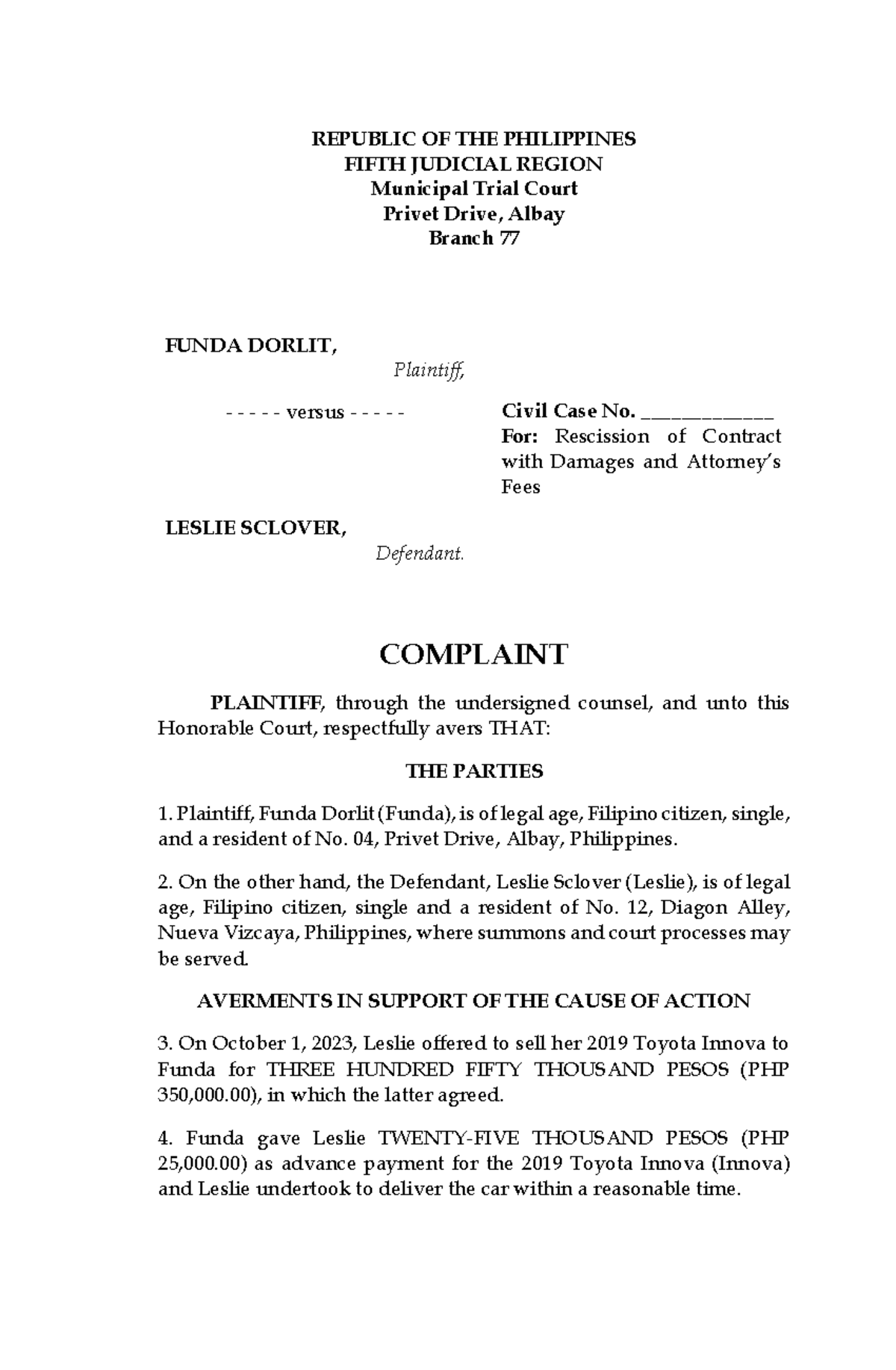 Civil Case No. for Rescission of Contract: Dorlit vs. Sclover - Studocu