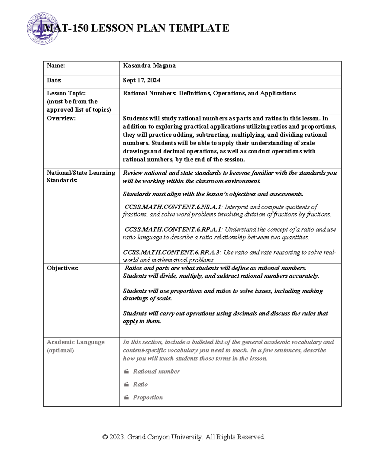 MAT-150 Rational Numbers Lesson Plan Template - Sept 2024 - Studocu