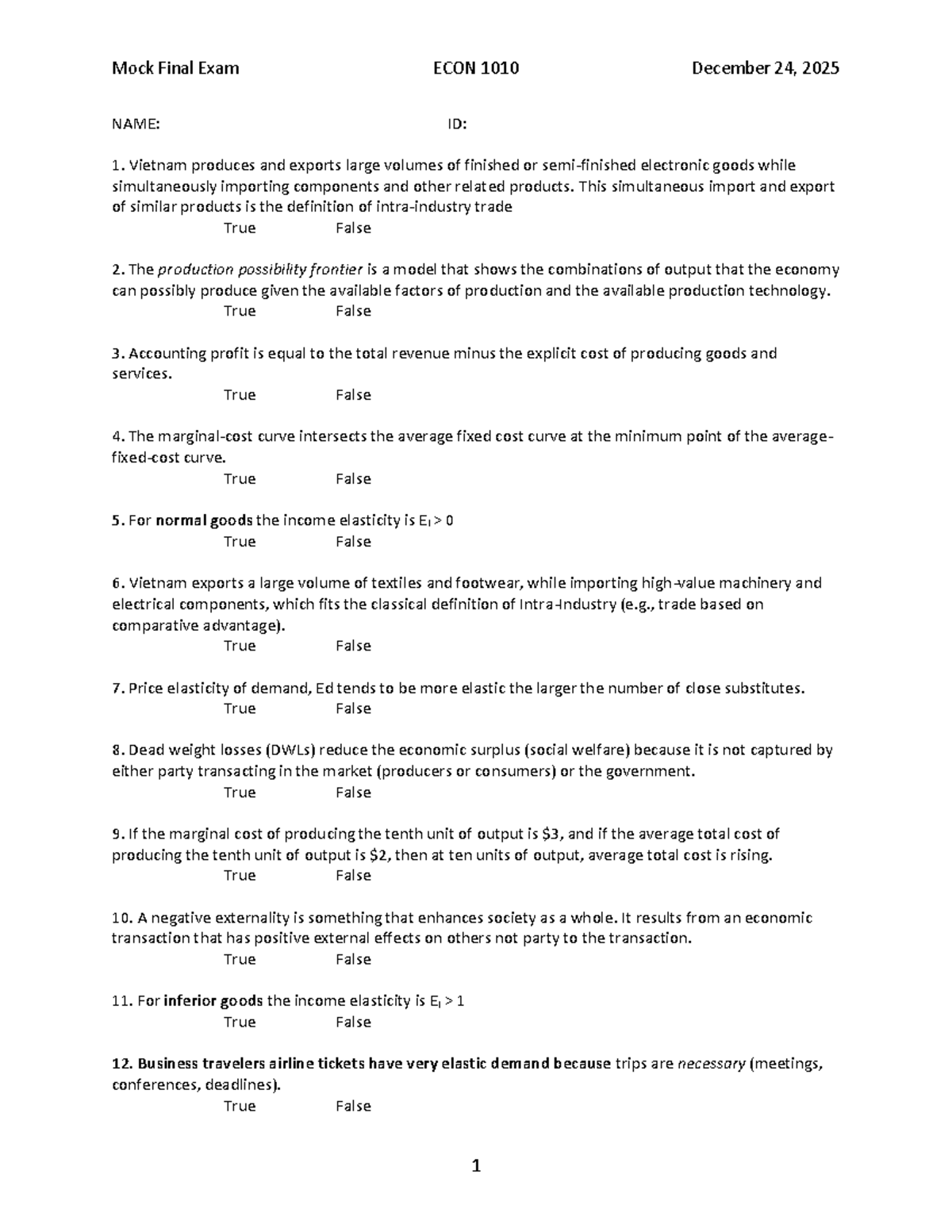 Mock Final Exam Review ECON 1010 - December 2025 - Studocu