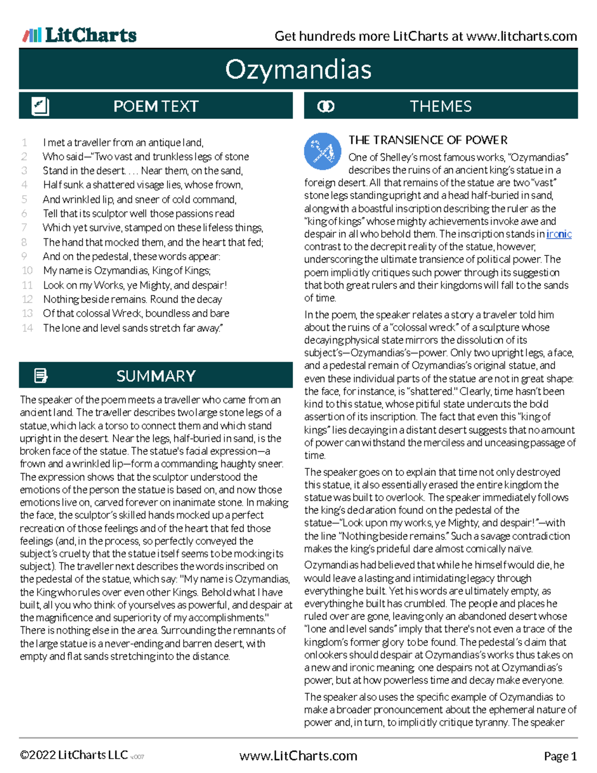 Ozymandias (ENG 101) - Analysis of Power and Transience in Shelley's ...