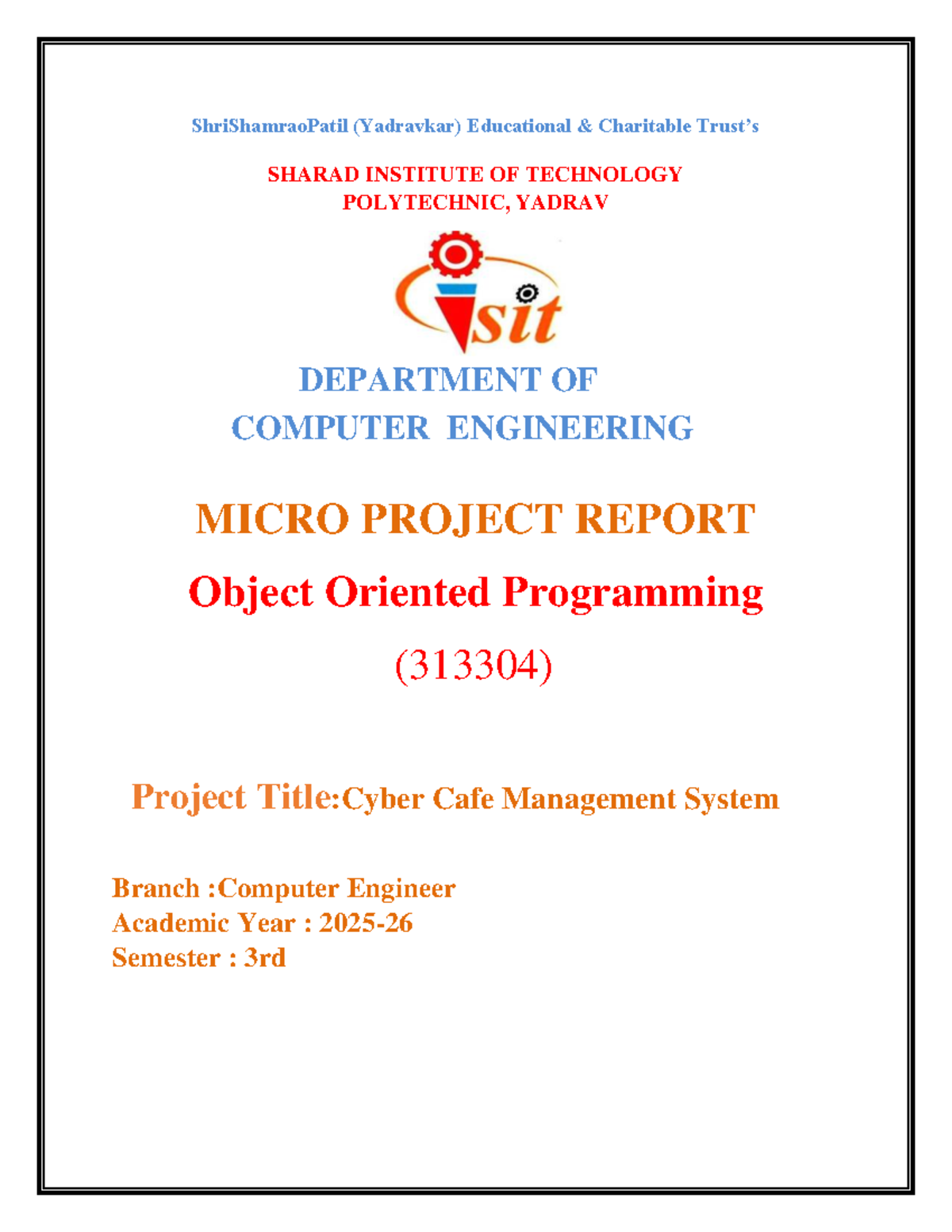 Micro Project Report: Cyber Cafe Management System (313304) - Studocu