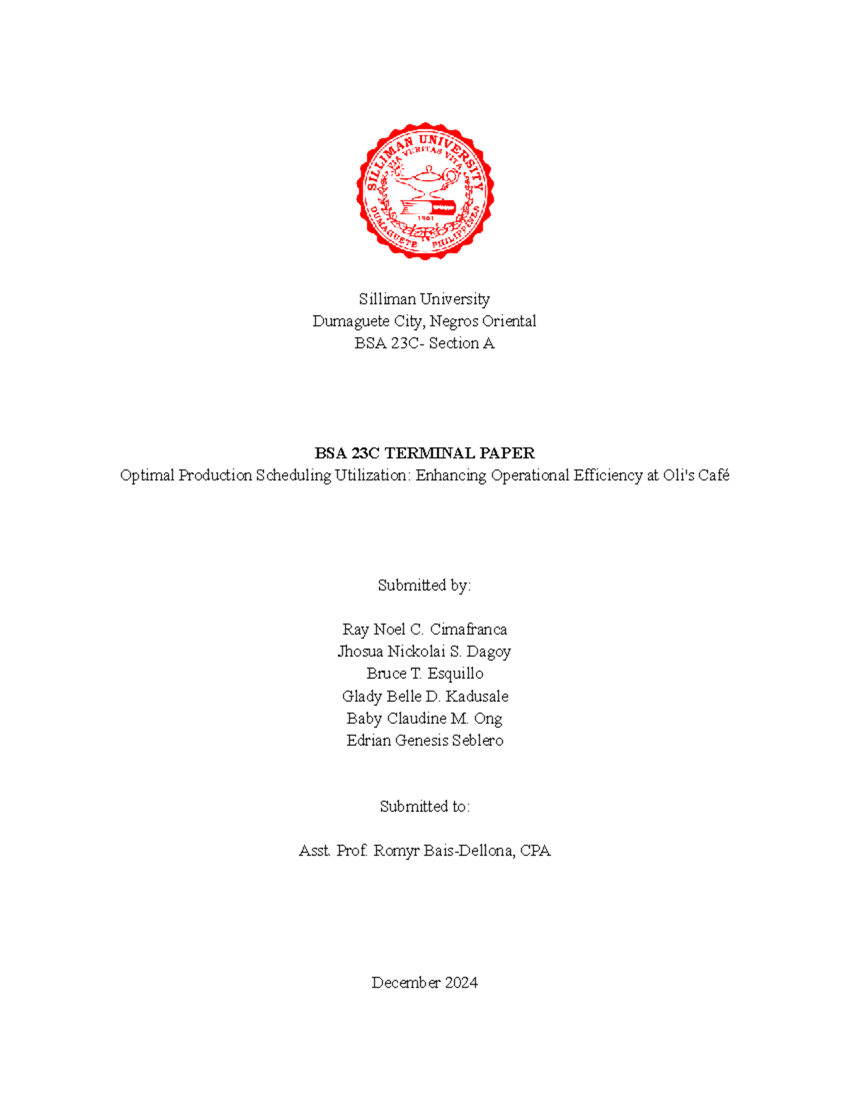 BSA 23C Terminal Paper: Optimal Production Scheduling for Café ...