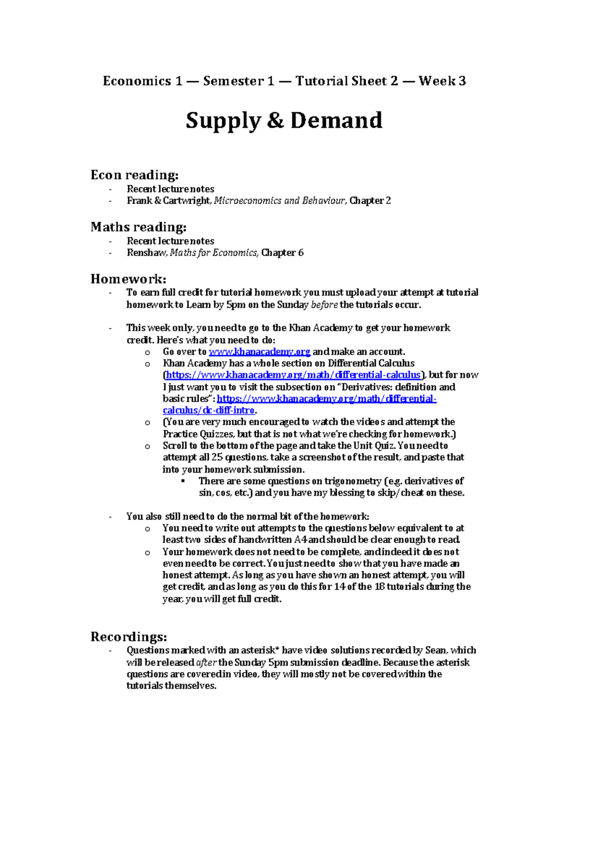 Econ 1 S1 W3 Tutorial Sheet 2 Solutions on Supply and Demand - Studocu
