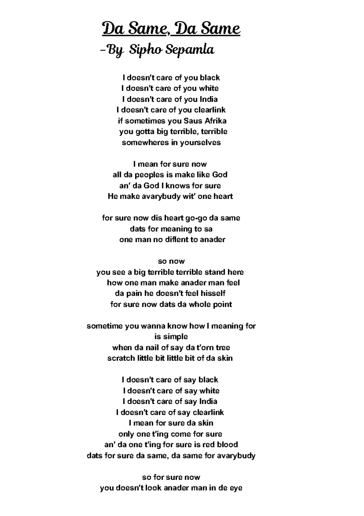 Da Same, Da Same - Poem Analysis and Insights - Studocu