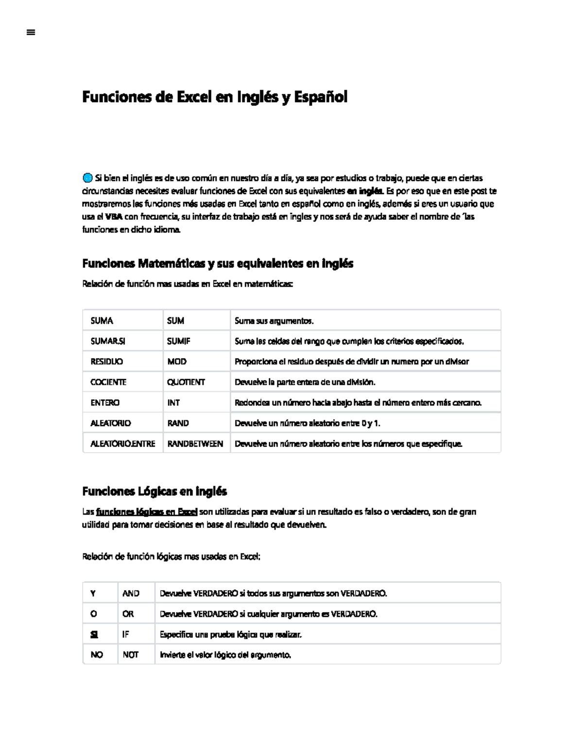 Funciones de Excel: Equivalentes en Inglés y Español - Studocu