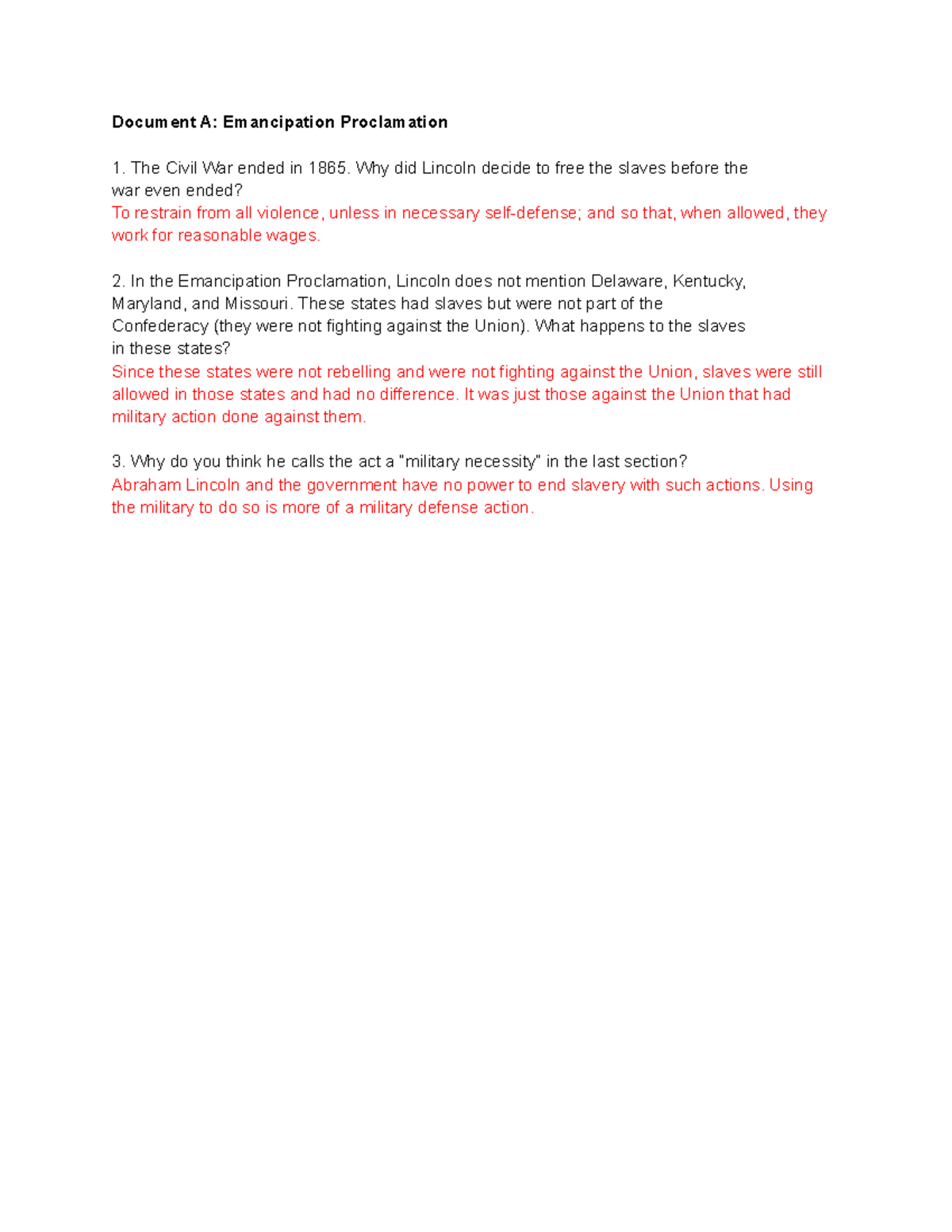 Document A Emancipation Proclamation - Why did Lincoln decide to free ...