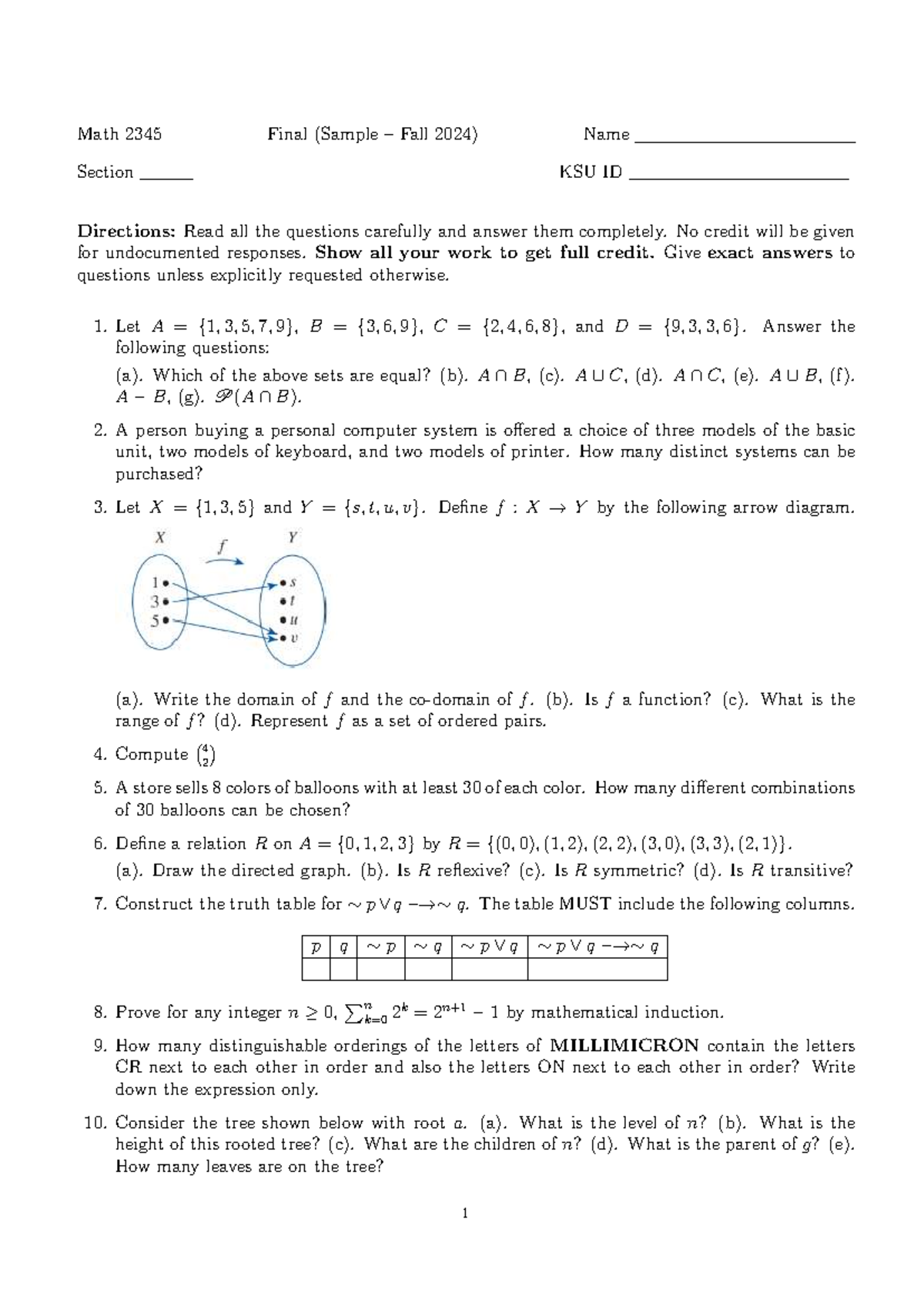 Math 2345 Final Exam Sample Questions (Fall 2024) - Studocu