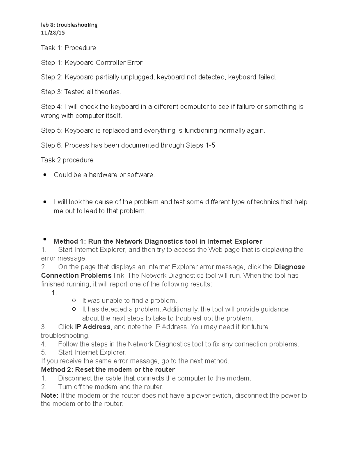 Lab 8 troubleshooting - lab 8: troubleshooting 11/28/ Task 1: Procedure ...