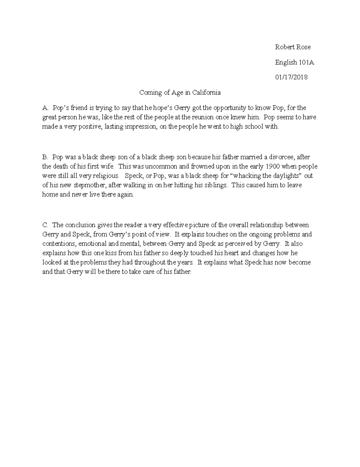 English 101A Essay Notes: Coming of Age in California Analysis - Studocu