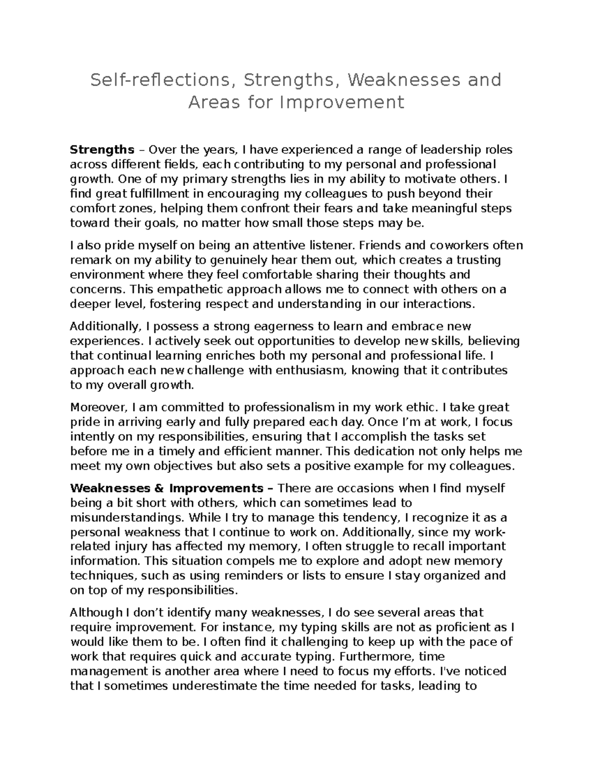 Self-Reflection: Strengths, Weaknesses & Growth Areas - Assignment 1 ...