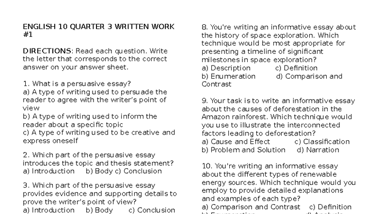 ENGLISH 10 Q3 WRITTEN WORK: Persuasive & Informative Essay Techniques ...