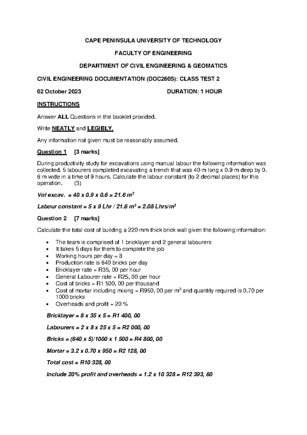 CIVIL ENG DOC260S: Class Test 2 Memo - 02 Oct 2023 - Studocu