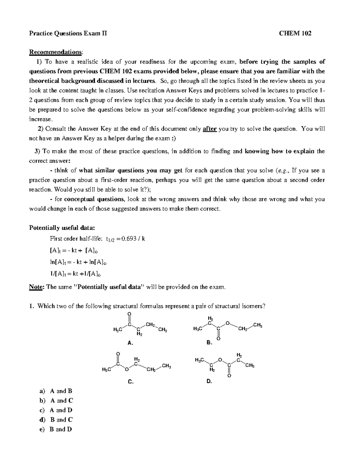 Practice Questions Exam II 102 W25 - Practice Questions Exam II CHEM ...