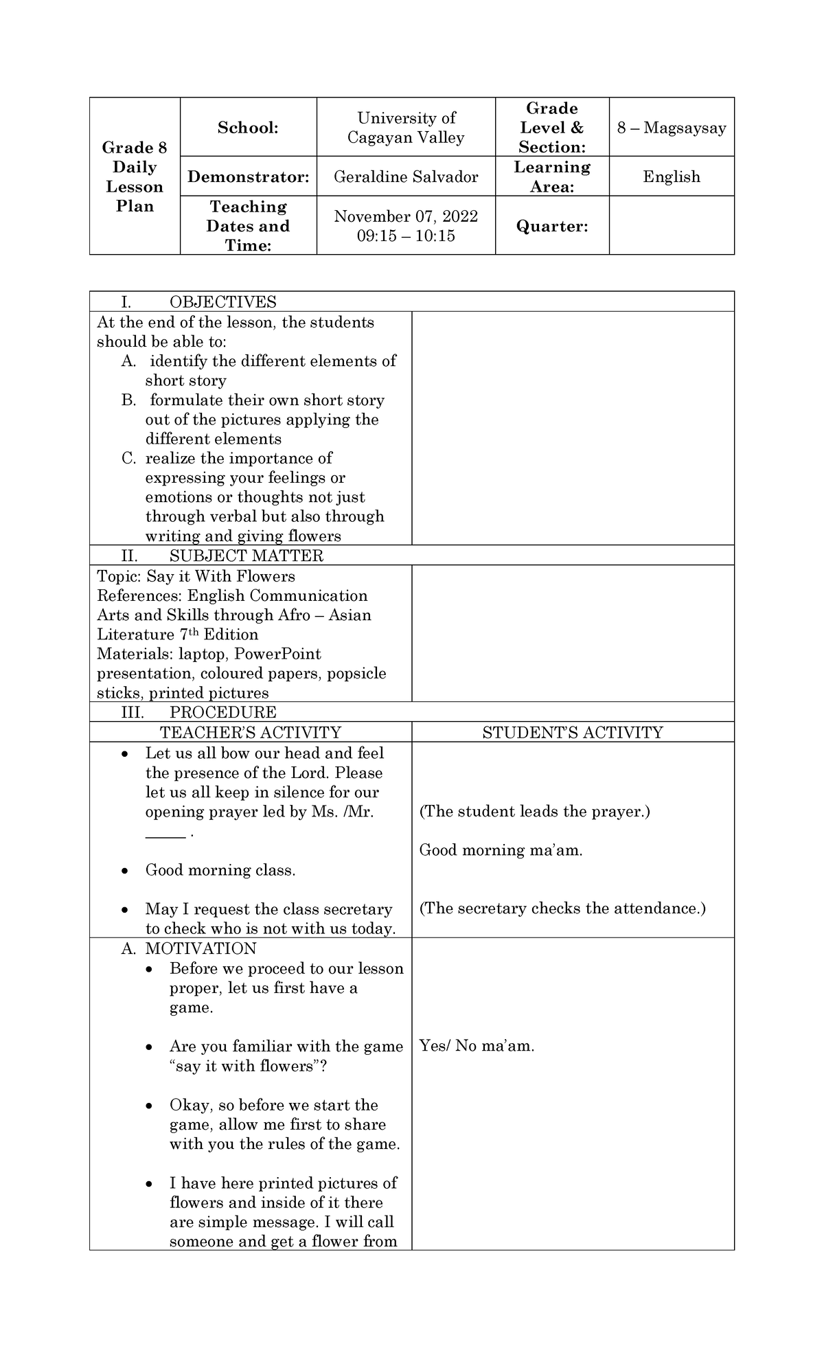 Grade 8 Daily Lesson Plan: Say It With Flowers Activity - Studocu