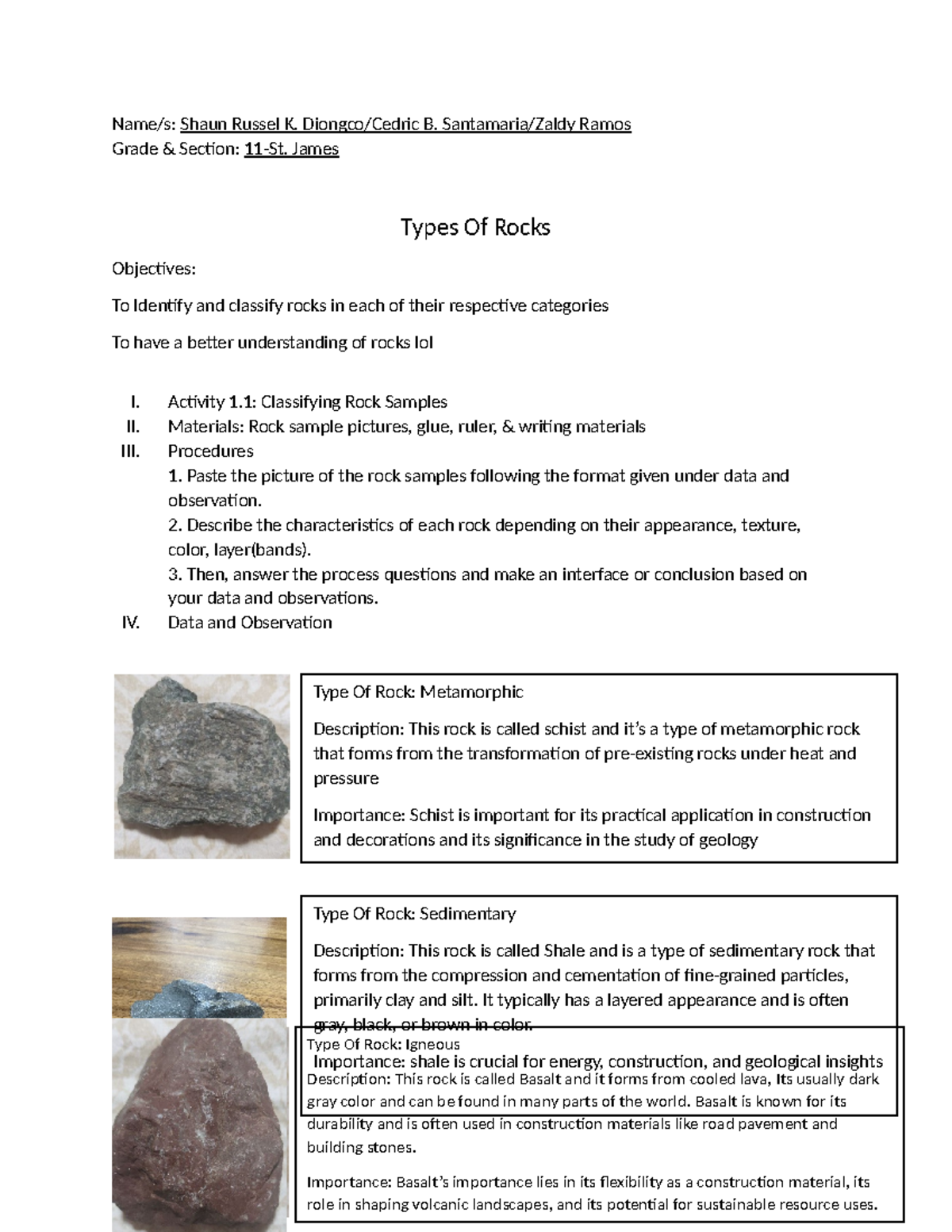 Rocks Classification Activity - Grade Section: James - Studocu