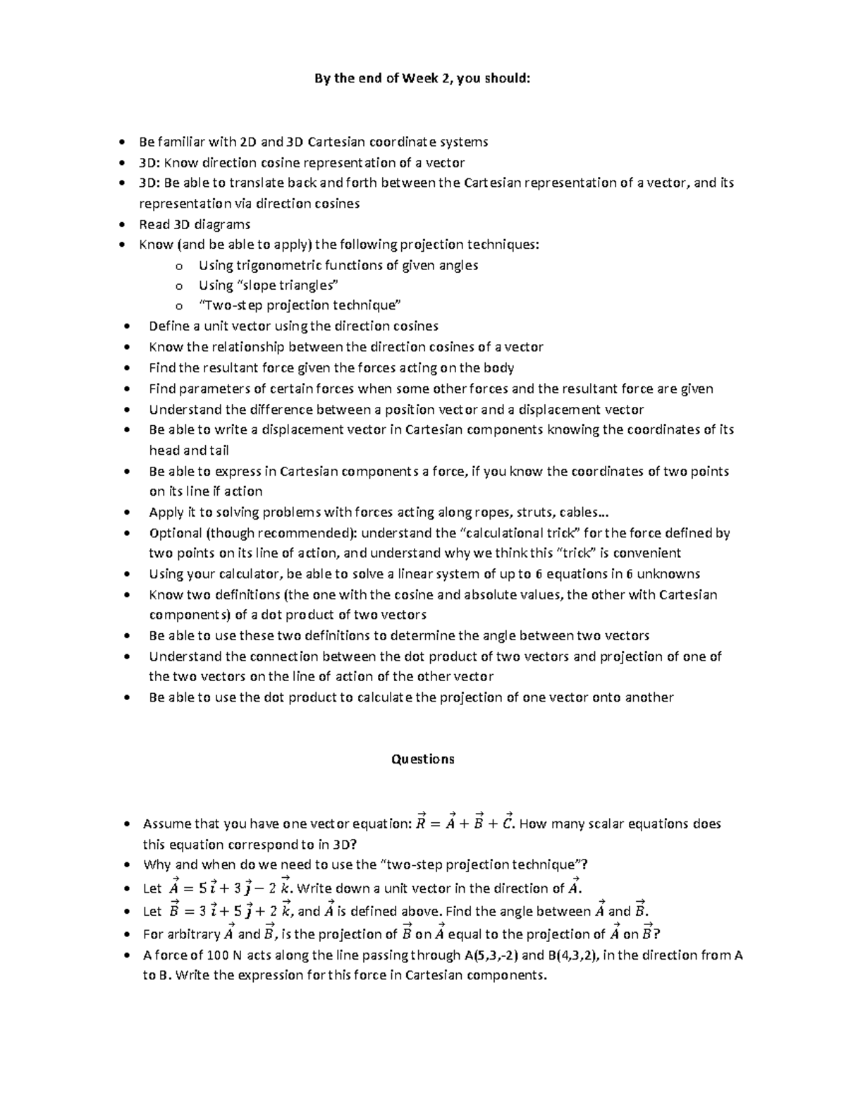PHYS 170 Learning Goals for Week 2: 3D Vectors and Projections - Studocu