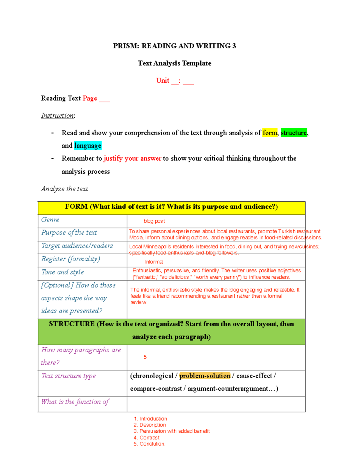 PRISM: READING AND WRITING 3 Text Analysis Template - Unit B2 - Studocu