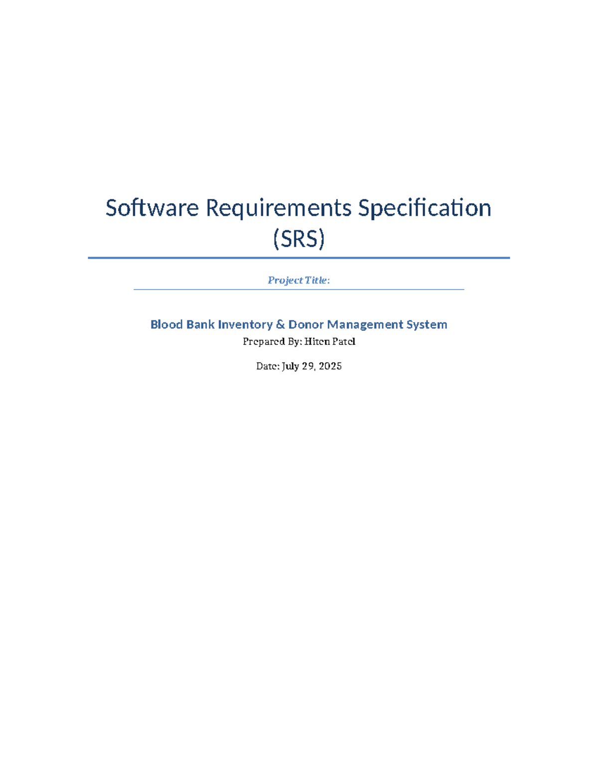 Blood Bank Inventory Donor Management System SRS Document - Studocu