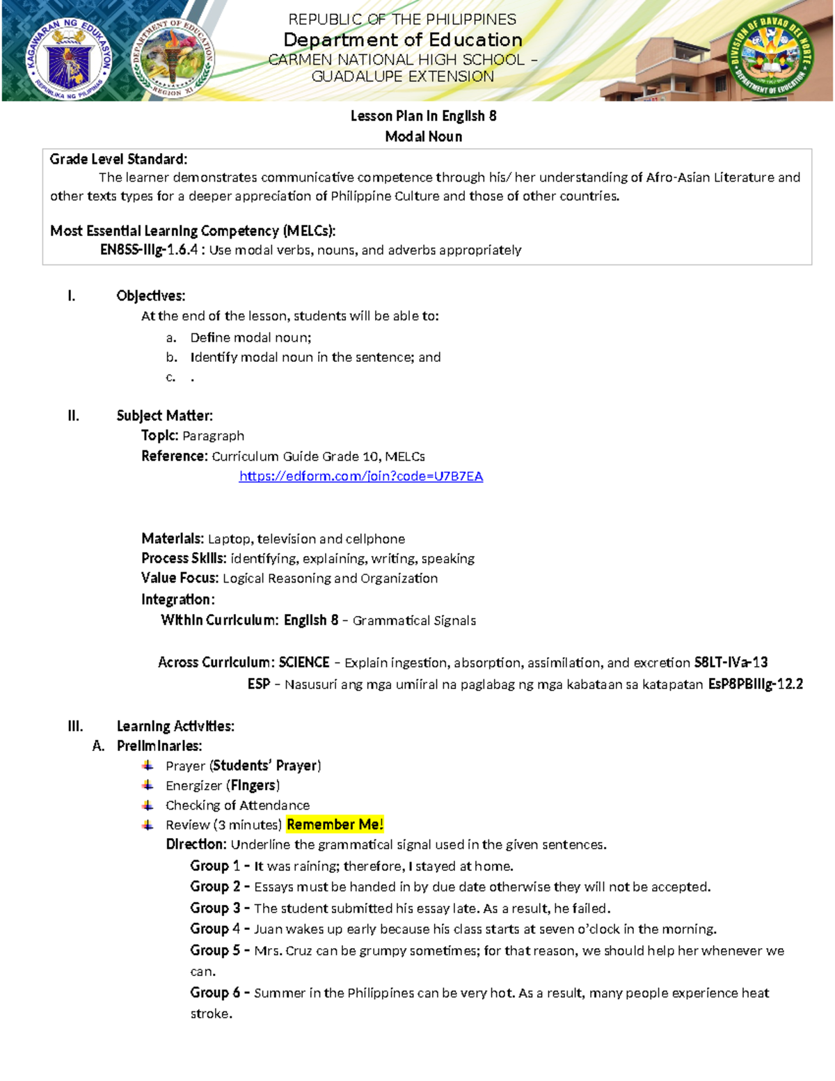 LP CO2 modal verb - COT - Lesson Plan in English 8 Modal Noun Grade ...