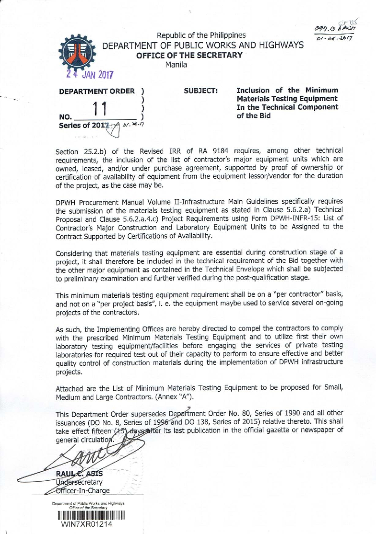 DO 011 s2017: Inclusion of Minimum Materials Testing Equipment in Bids ...